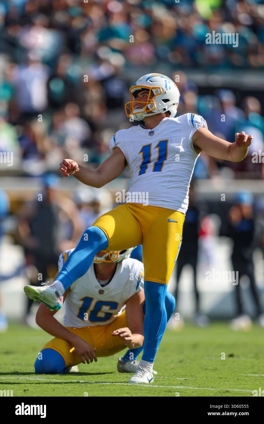 Los Angeles Chargers place kicker Cameron Dicker (11) kicks a field ...