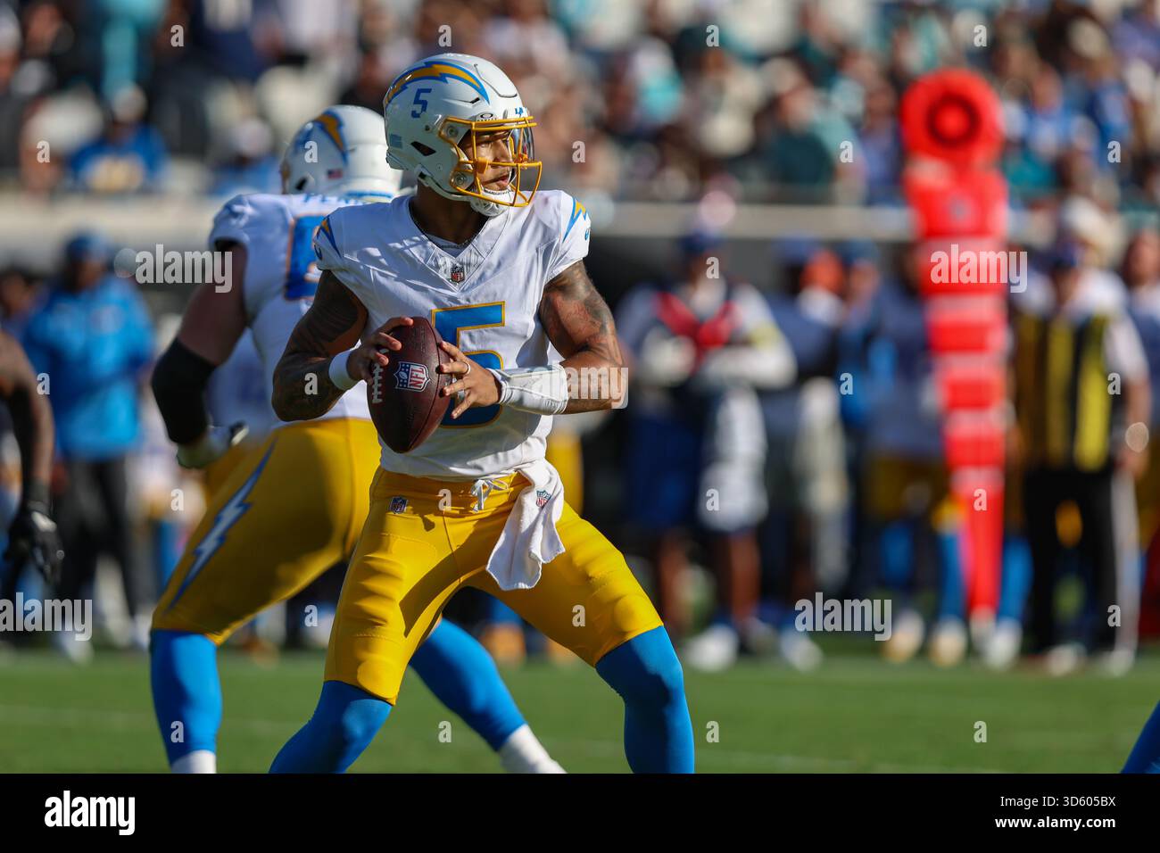 Los Angeles Chargers quarterback Trey Lance (5) looks downfield during ...
