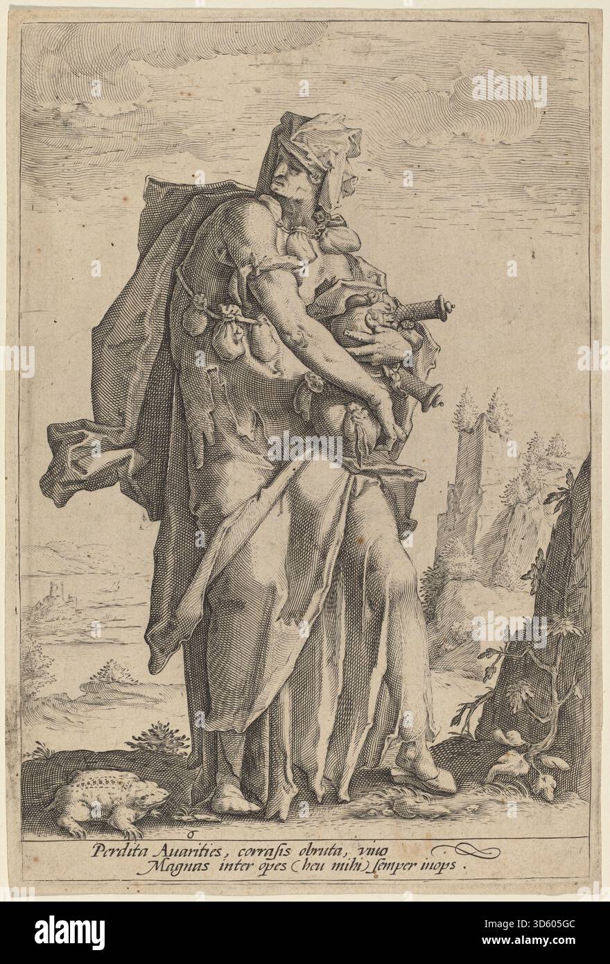Depicts the personification of Avarice as a figure hoarding wealth ...