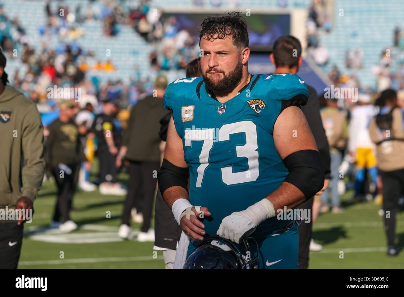 Jacksonville Jaguars center Robert Hainsey (73) leaves the field after ...