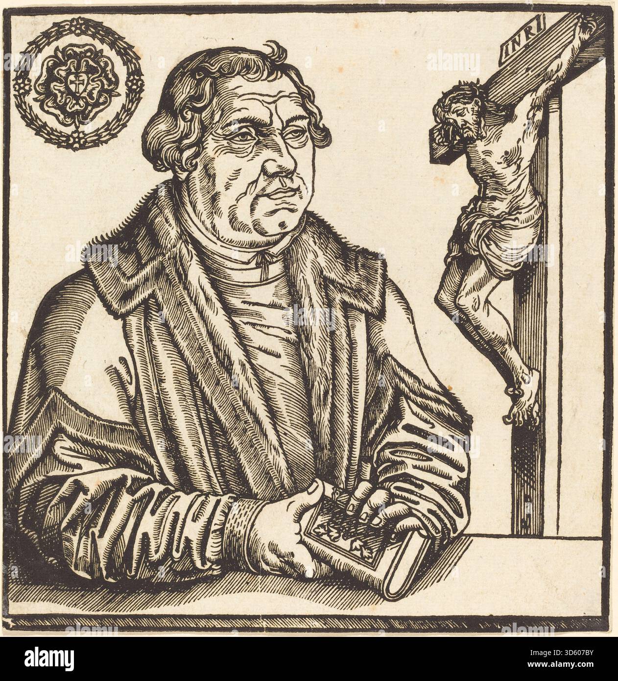 Half-length portrait of Martin Luther holding a book in his hands ...