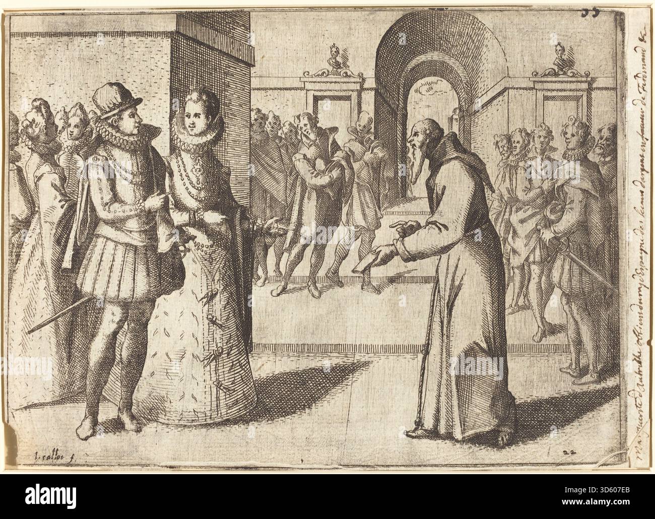 An etching illustrating a Capuchin friar delivering thanks for the King ...