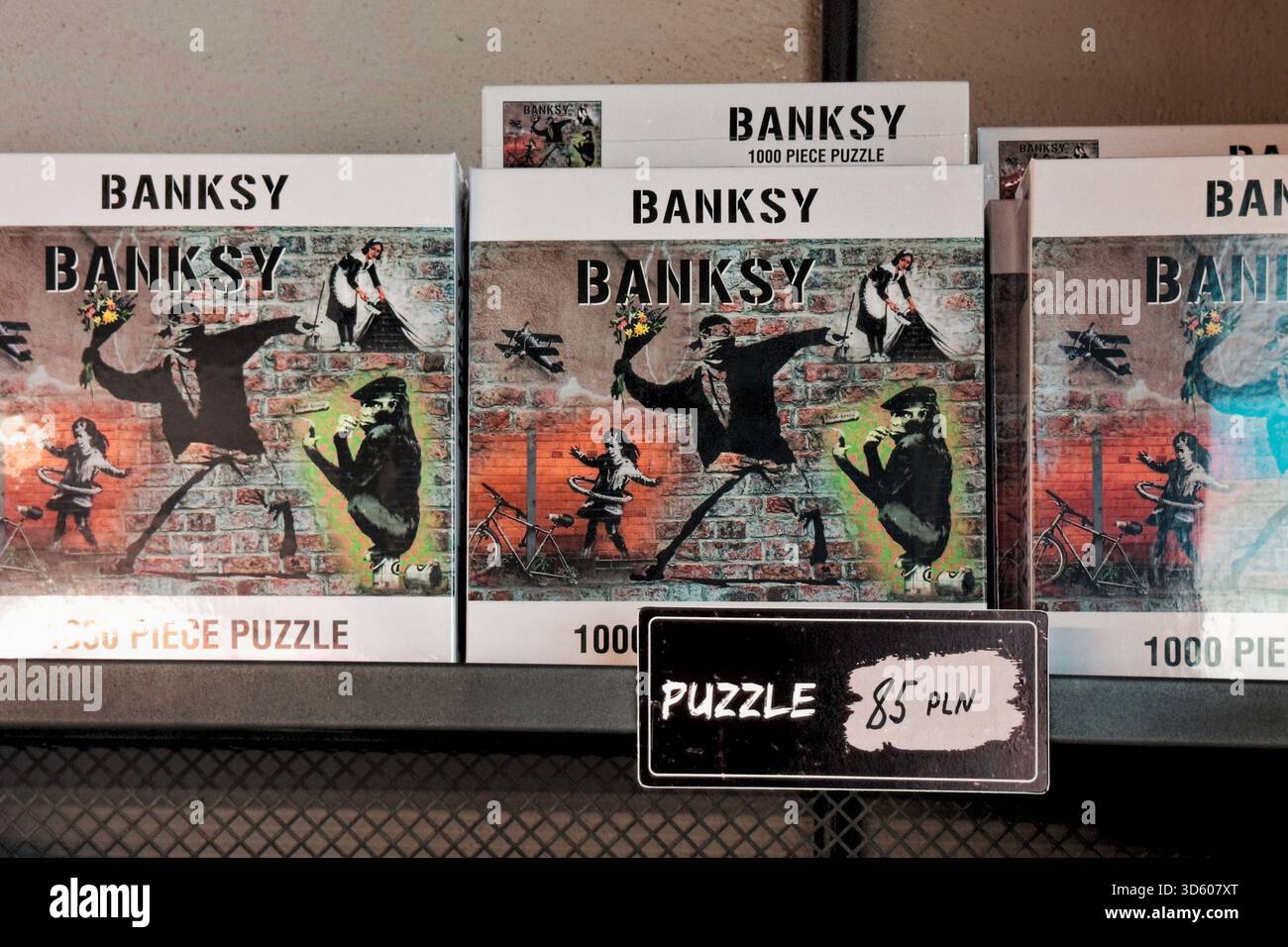 Display of Banksy-themed 1000-piece puzzles for sale at the Banksy ...