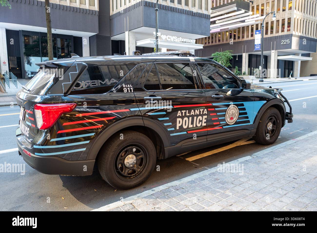 Atlanta Police vehicle with logo parked on downtown street, Atlanta ...
