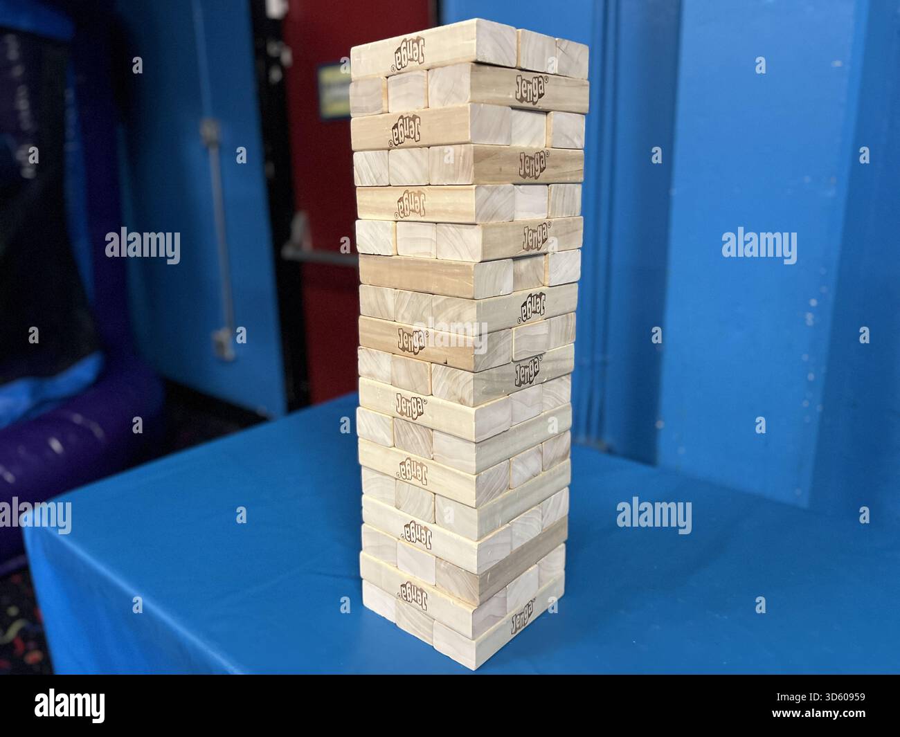 Tower of Jenga brand wooden blocks, Concord, California, September 21 ...