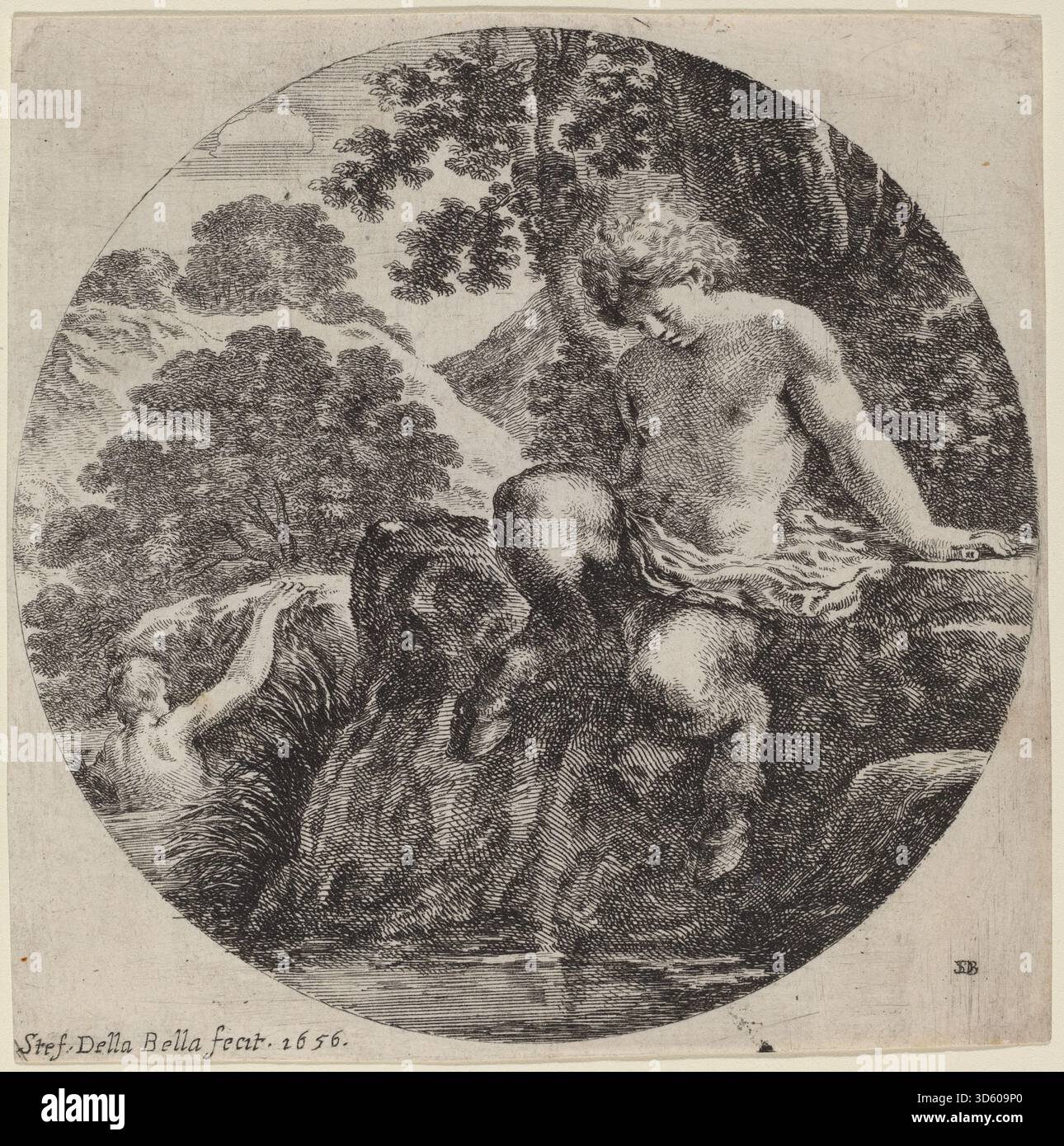 This etching depicts a young satyr standing at the bank of a stream ...