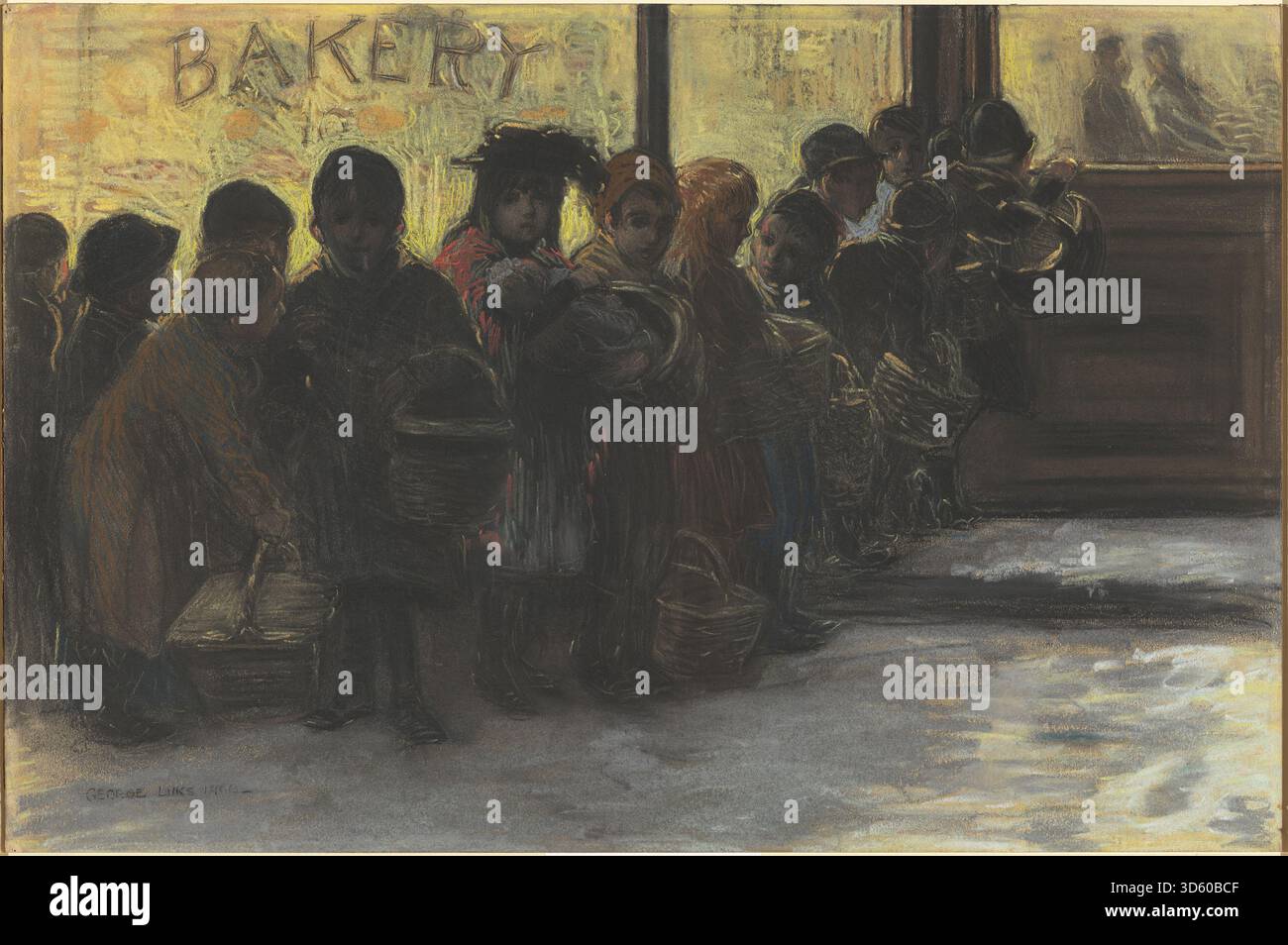 A 1900 painting by George Luks showing people standing in a breadline ...
