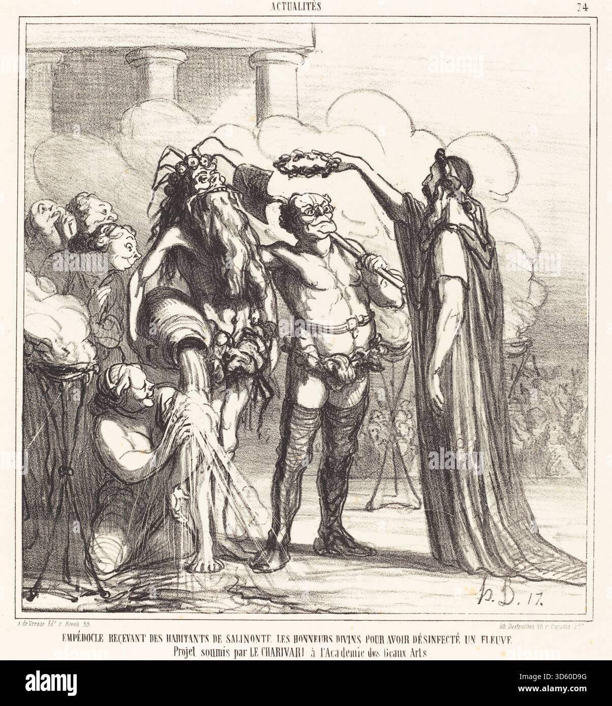 A lithograph by Honoré Daumier from 1866 depicting Empedocles receiving ...