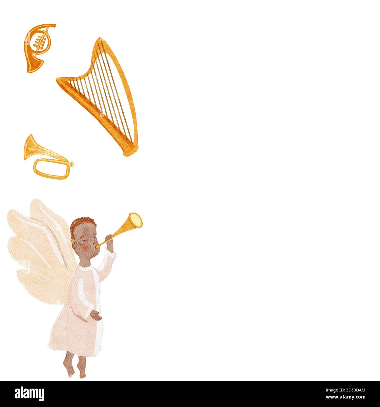 Angel and golden musical instruments. Watercolor Christmas illustration ...