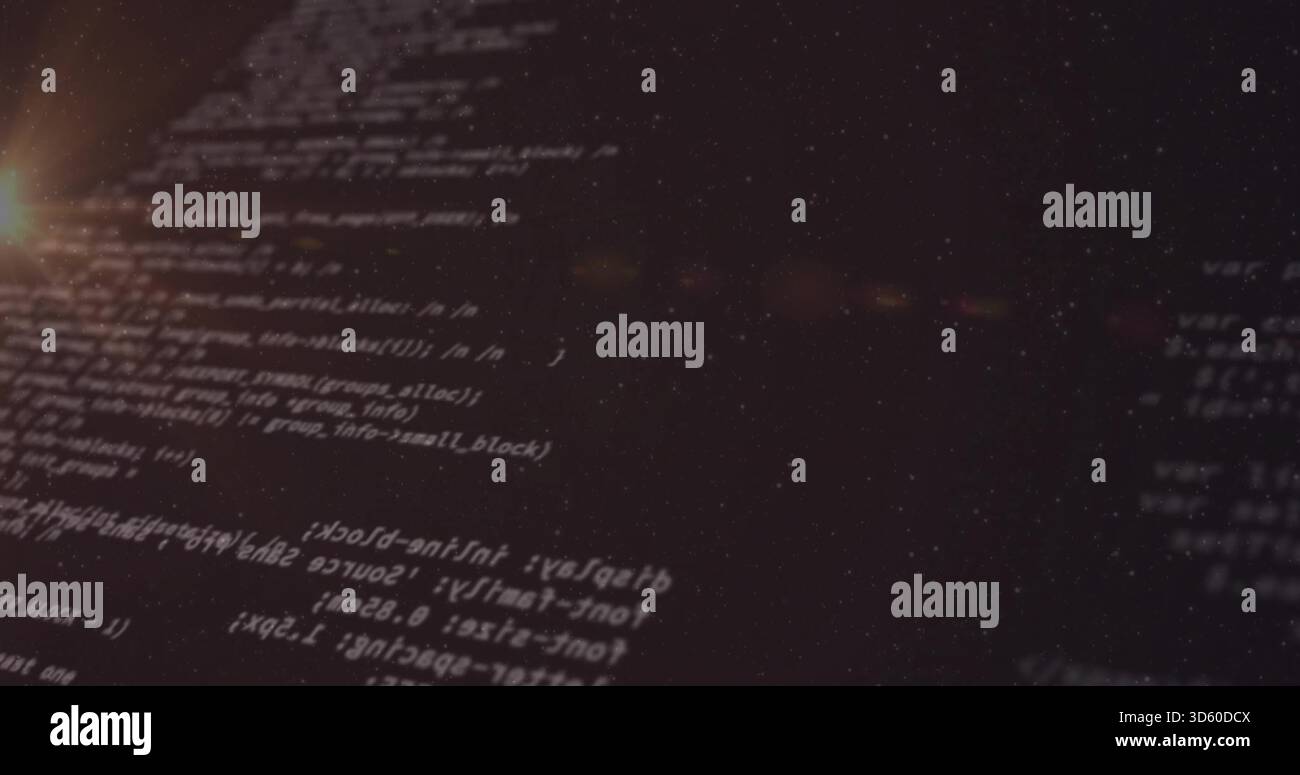 Projecting angled monospaced code lines diagonally on dark screen ...