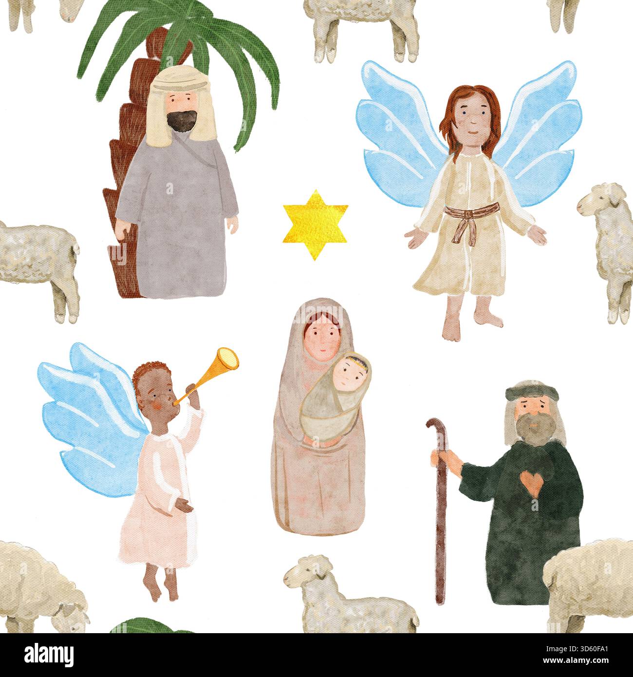 Baby Jesus with Mary, Joseph, shepherds, angels and sheep. Hand-painted ...