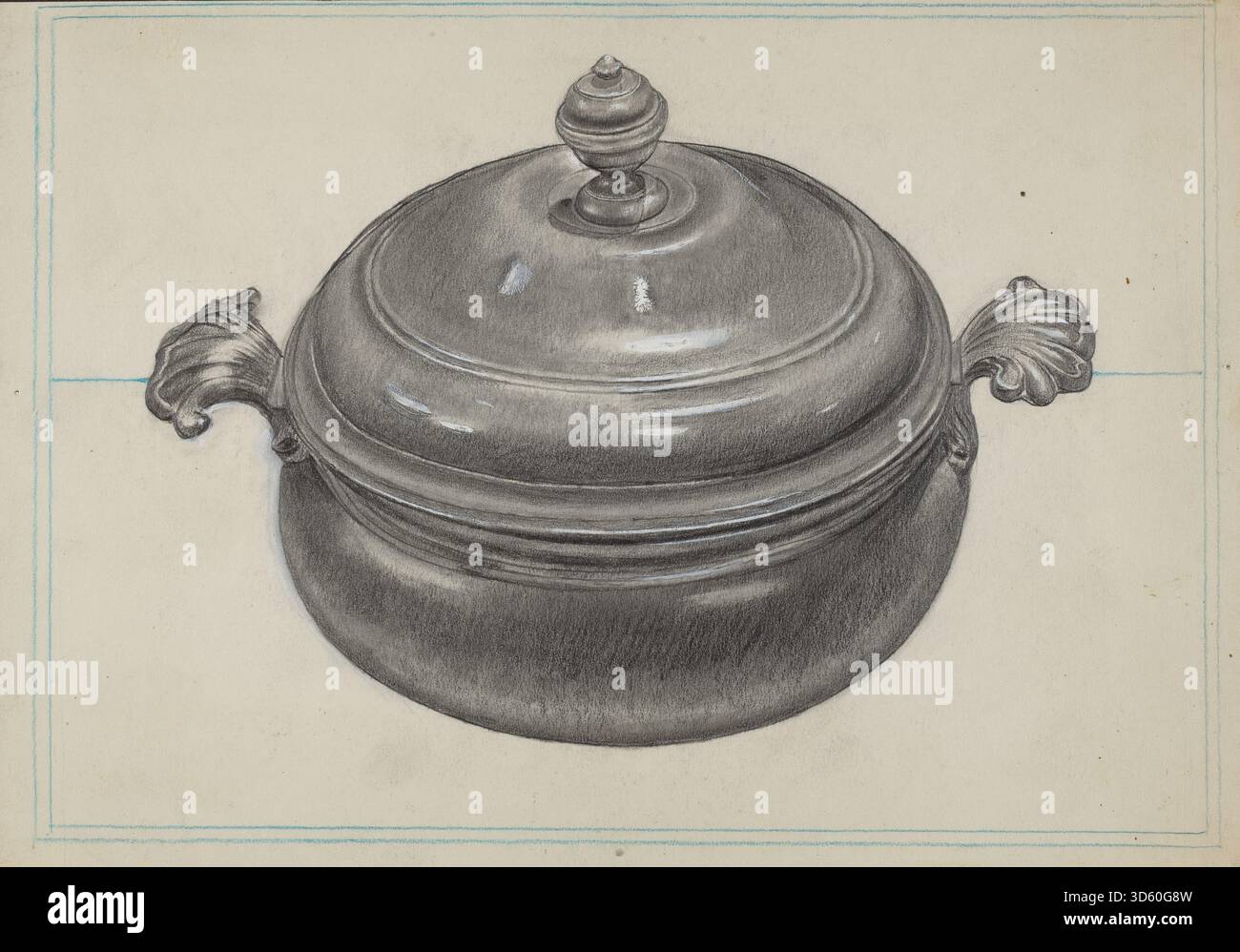 A circa 1936 pewter soup tureen by James O'Mara, showing the vessel's ...
