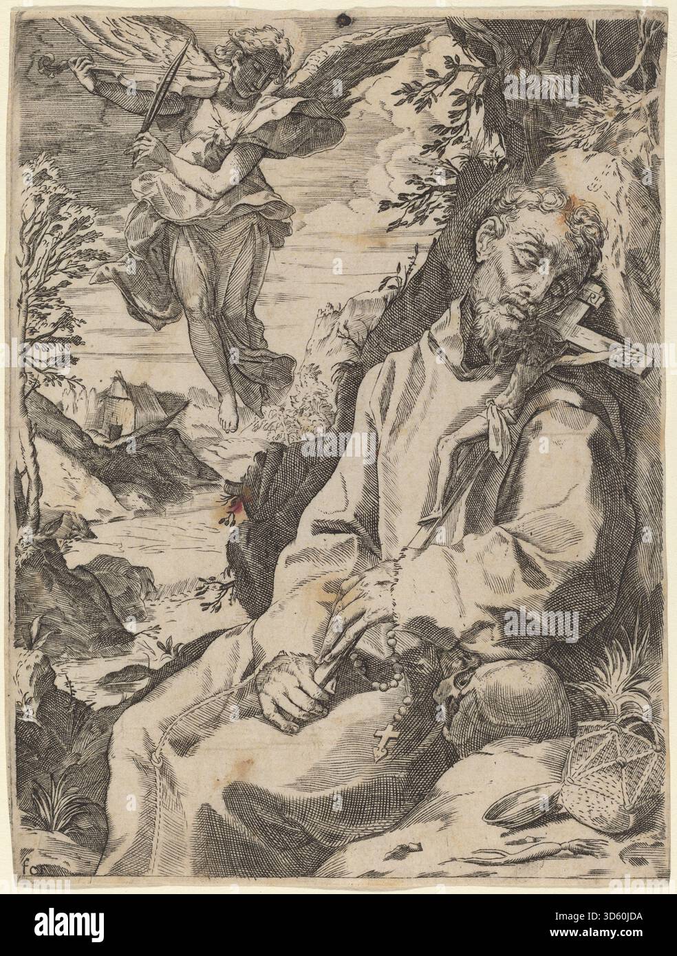 Depicts Saint Francis of Assisi seated while a musical angel appears to ...