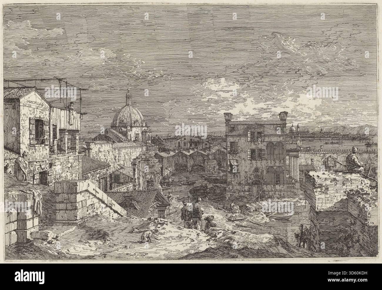 This painting depicts an imagined view of Venice, showing canals ...