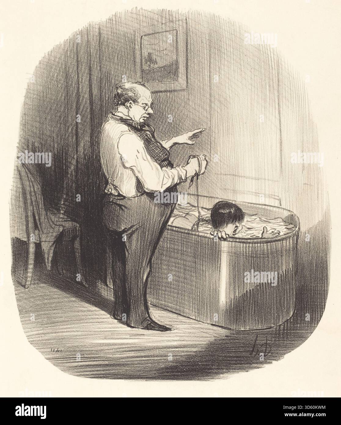 The 1847 lithograph shows a first swimming lesson, depicting figures in ...