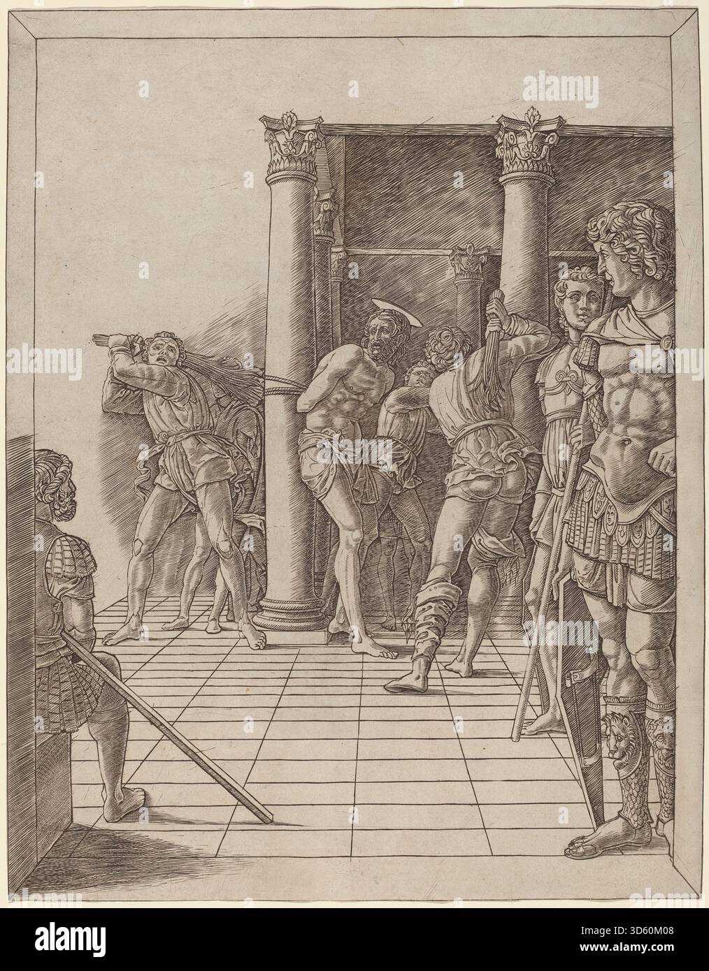 This painting depicts the Flagellation of Christ, showing Christ bound ...