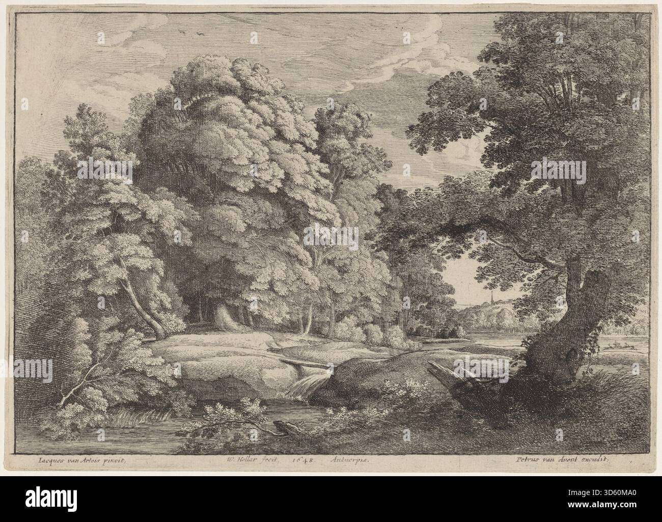 Etching of a bridge over a waterfall by Wenceslaus Hollar after Jacques ...