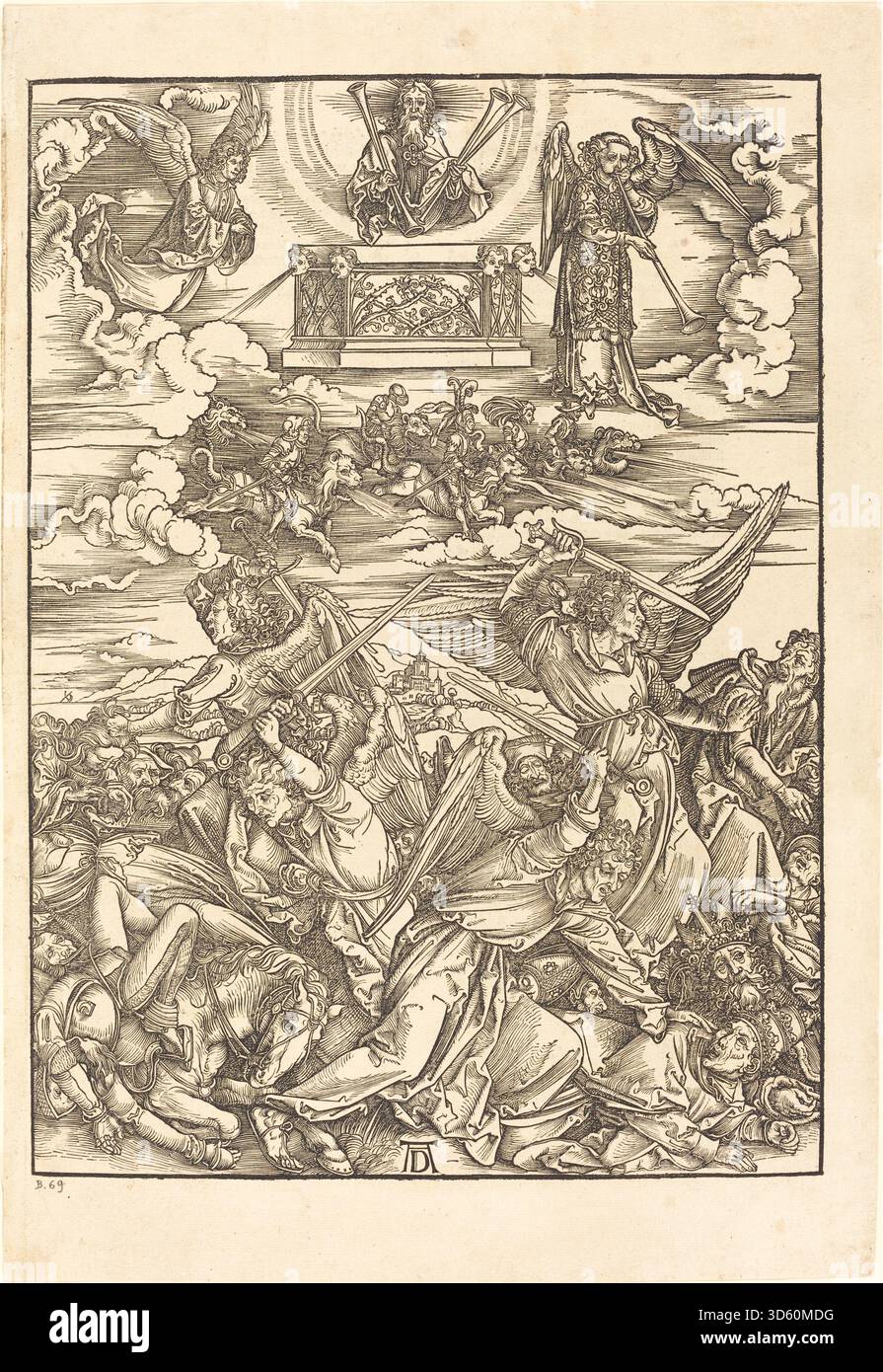 Albrecht Dürer's 1498 engraving depicts four avenging angels with ...