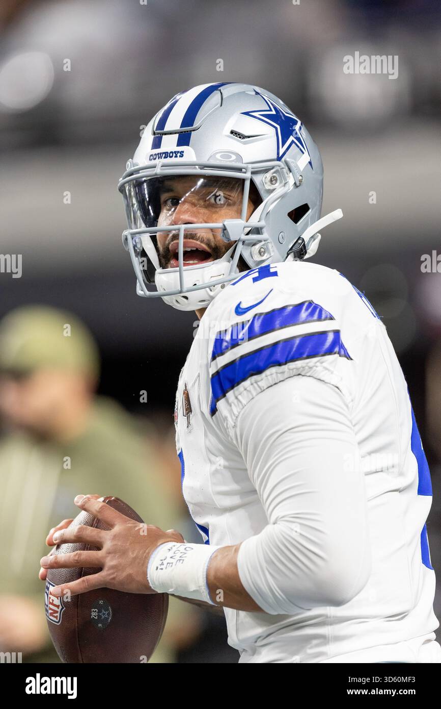 Dallas Cowboys quarterback Dak Prescott (4) warms up before playing ...