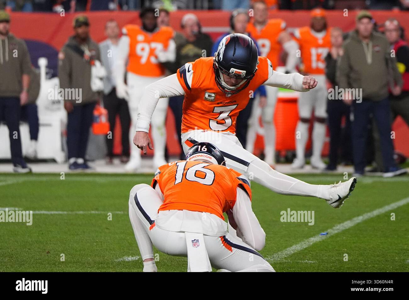 Denver Broncos kicker Wil Lutz (3) kicks the winning field goal with ...