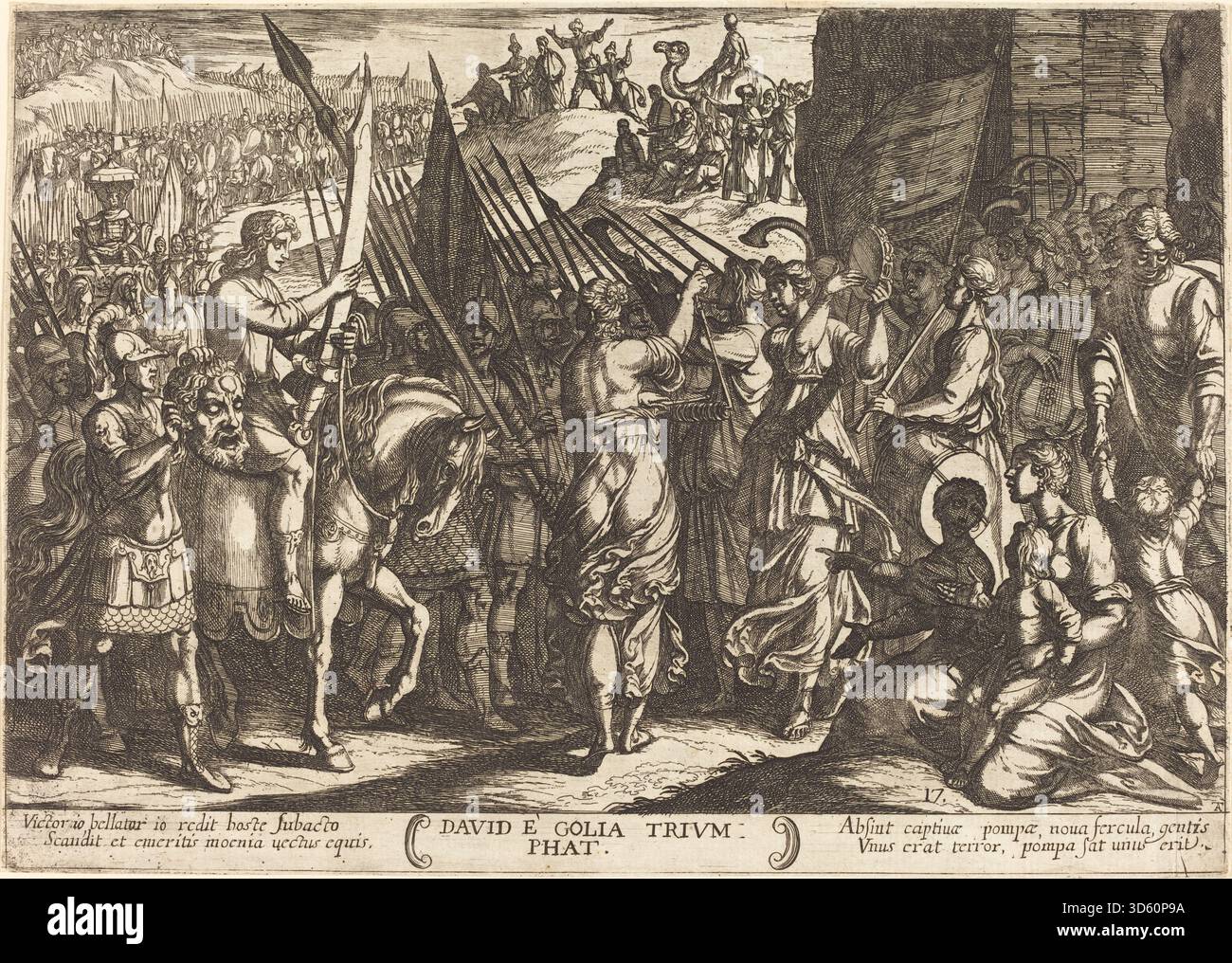 Engraving by Antonio Tempesta, 1613, depicting David defeating Goliath ...