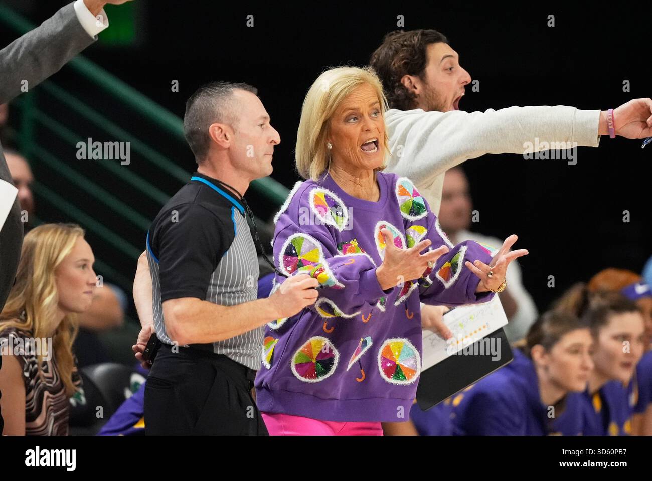 LSU head coach Kim Mulkey challenges an official in the first half an ...