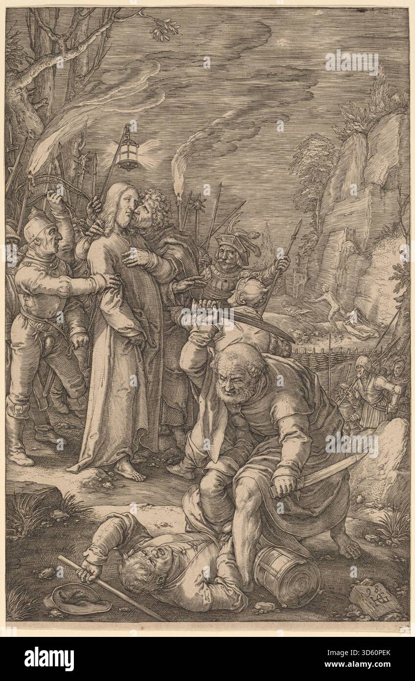 Engraving by Hendrik Goltzius, 1598, depicting the arrest of Christ ...