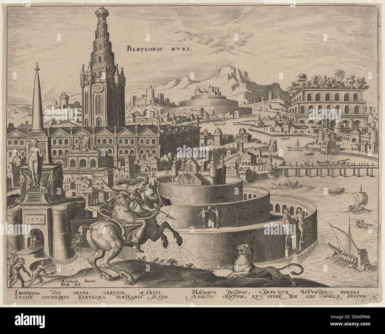 The engraving depicts the Walls of Babylon, showing fortified ...