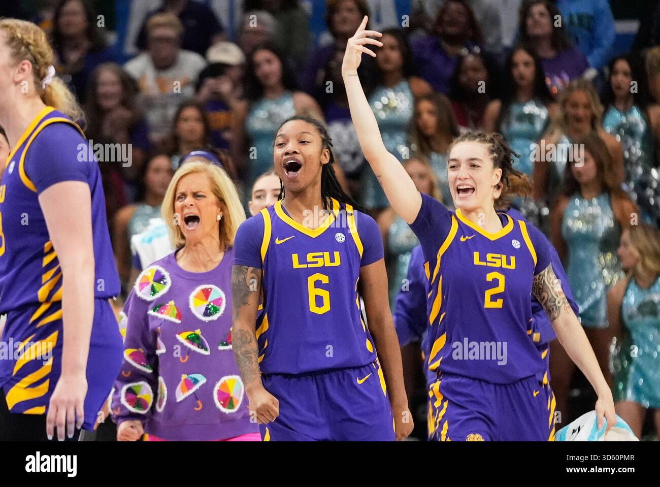 LSU head coach Kim Mulkey, guard Divine Bourrage (6) and forward Grace ...