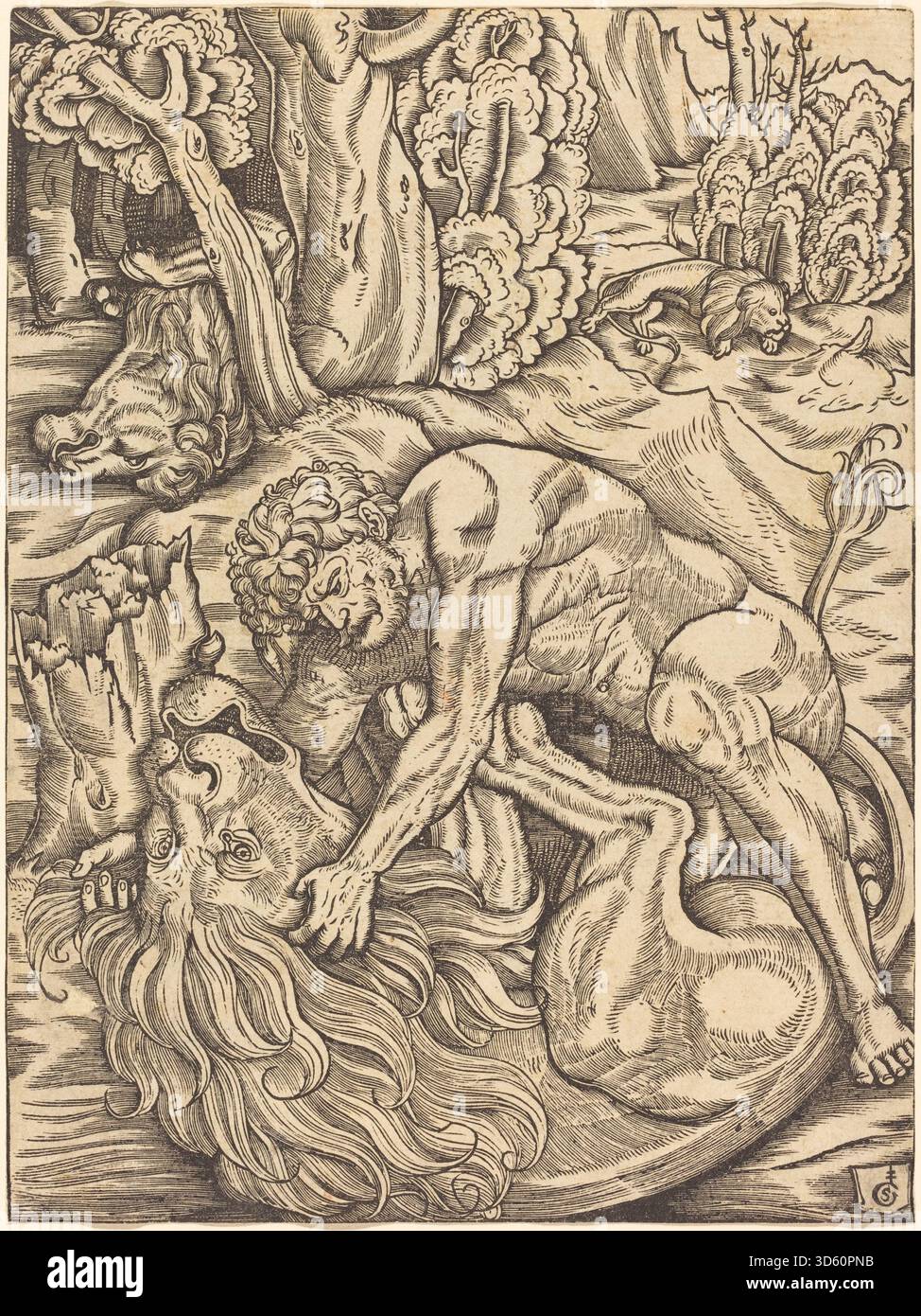 Painting by Gabriel Salmon showing Hercules fighting the Nemean Lion ...