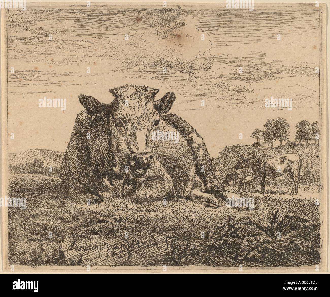 Recumbent Cow by Adriaen van de Velde, 1657, depicts a cow lying down ...