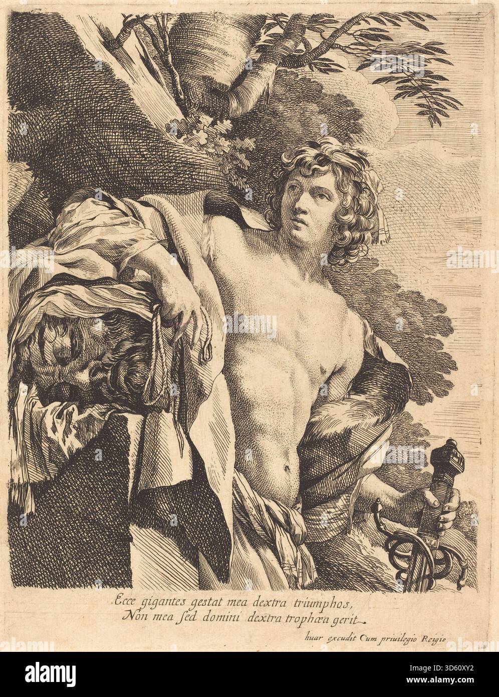Depicts David holding the severed head of Goliath, showing posture ...