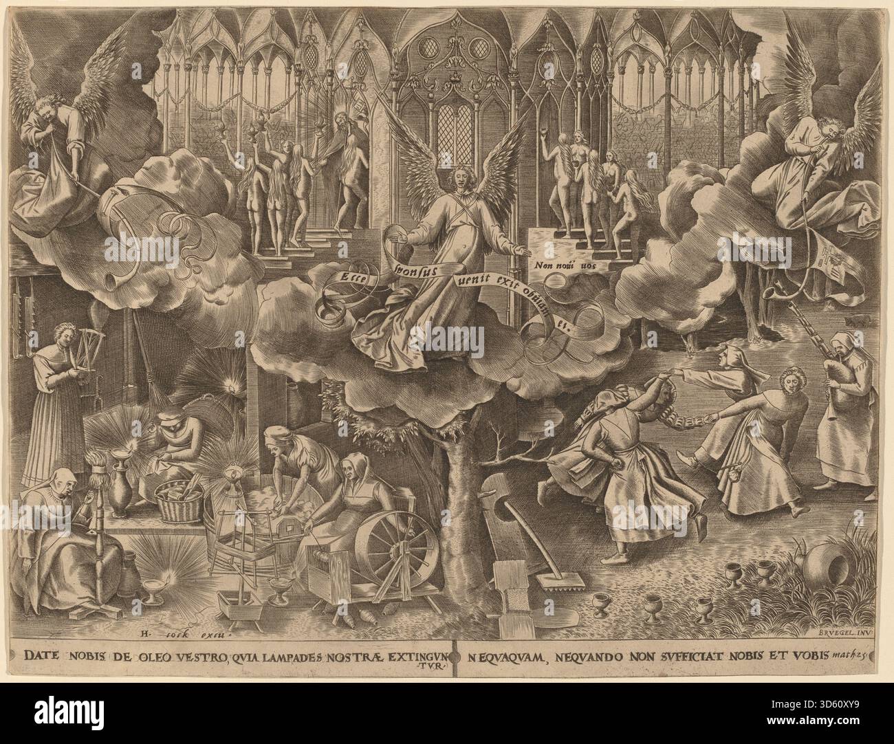 Depicts the biblical parable of the ten virgins, showing wise and ...