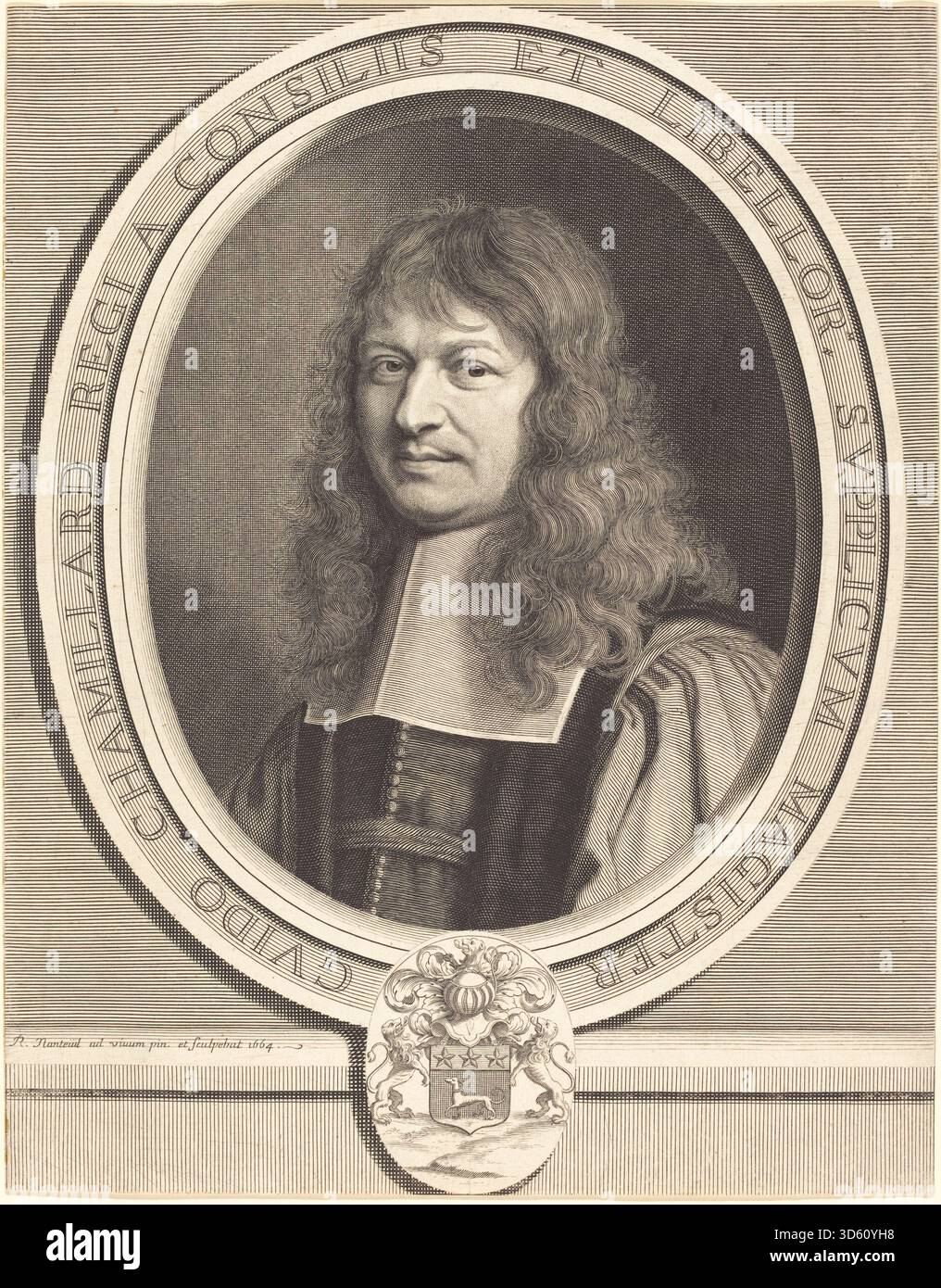 A 1664 engraved portrait by Robert Nanteuil depicting Guy Chamillard, a ...