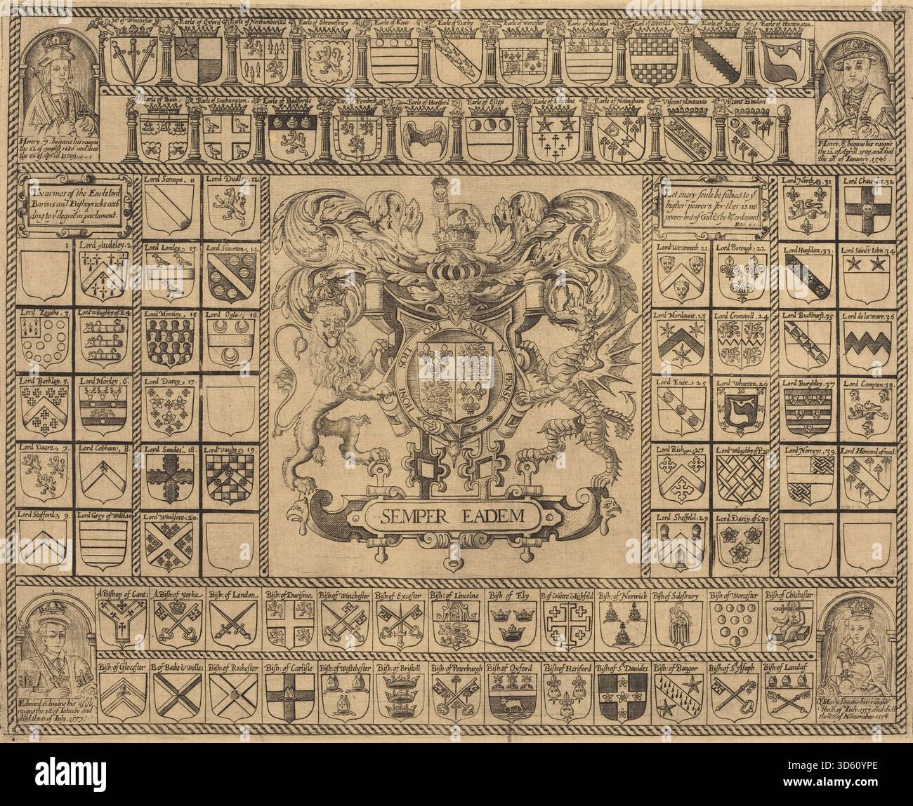 This 16th-century English artwork depicts coats of arms surrounded by ...