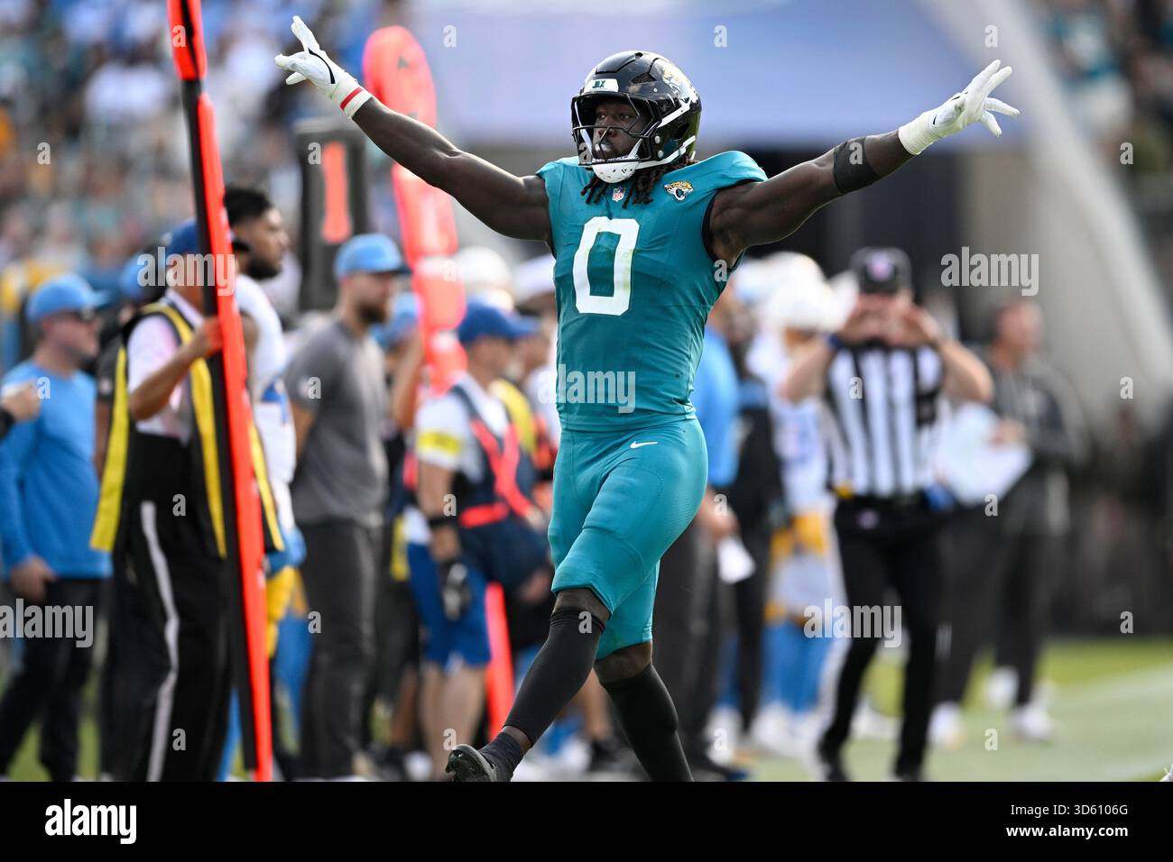 Jacksonville Jaguars linebacker Devin Lloyd (0) reacts after a play ...