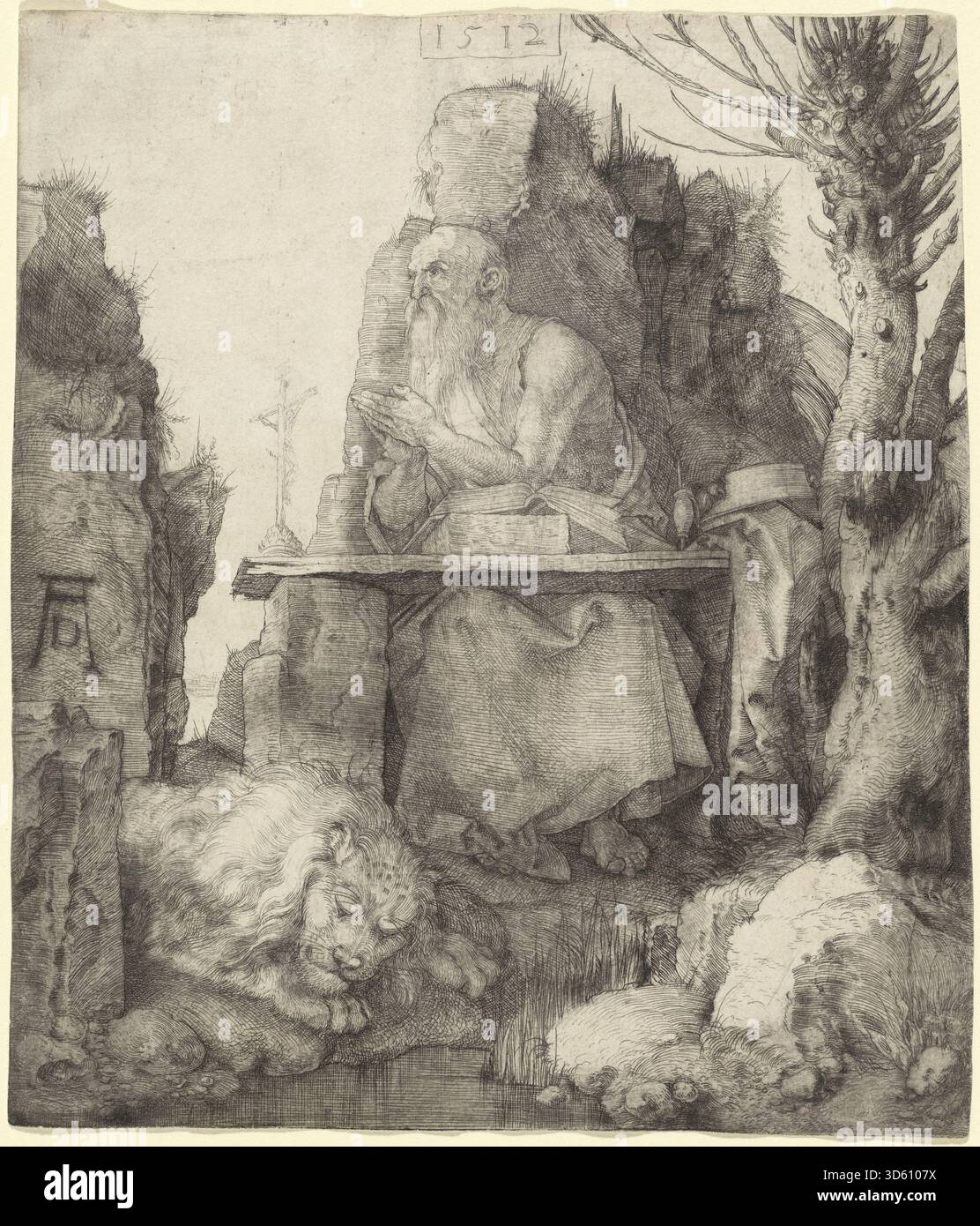 This 1512 engraving by Albrecht Dürer shows Saint Jerome seated by a ...