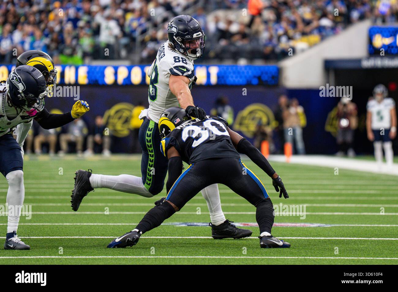Seattle Seahawks tight end AJ Barner (88) runs the ball against Los ...