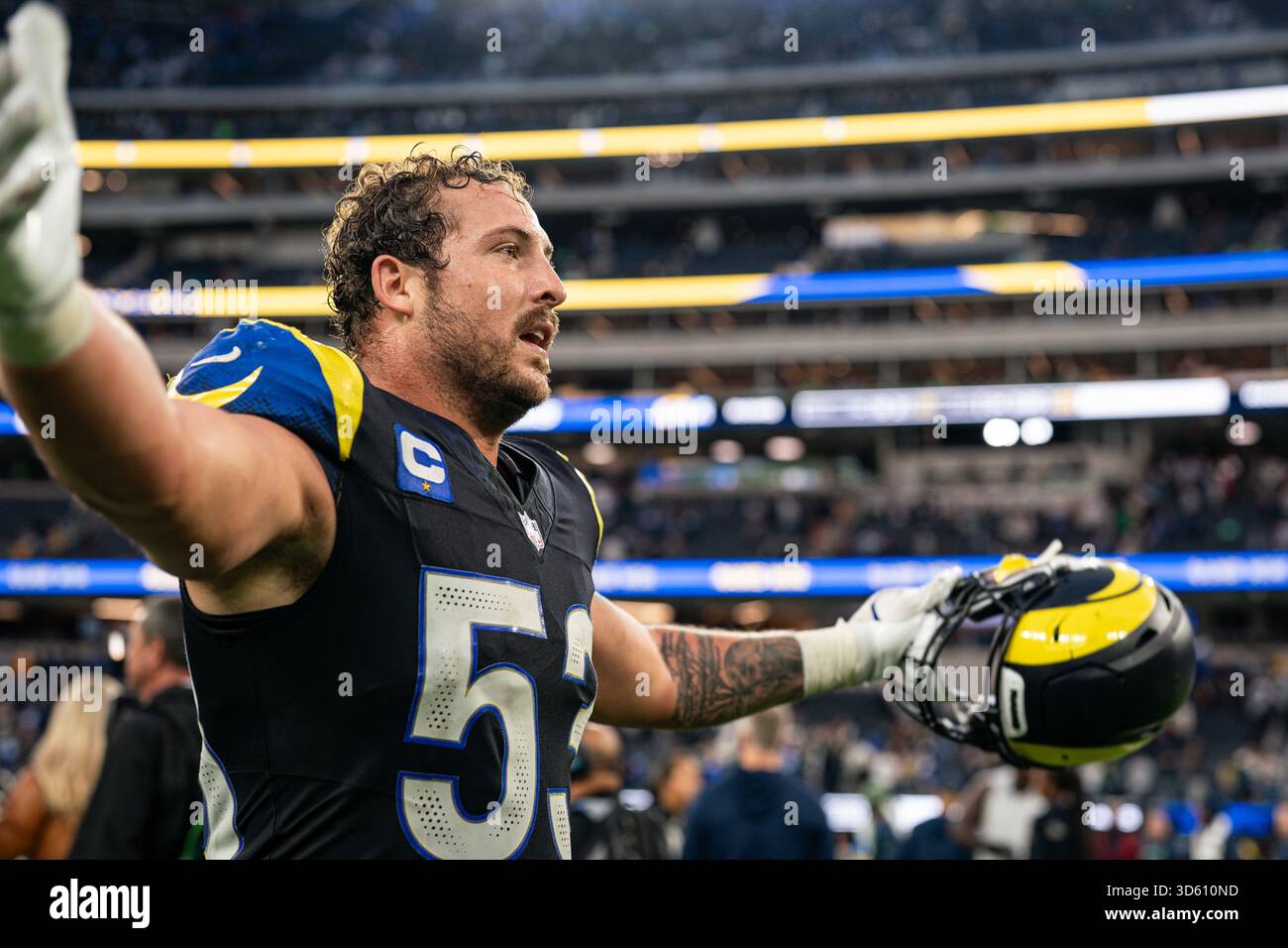Los Angeles Rams linebacker Nate Landman (53) celebrates after a NFL ...