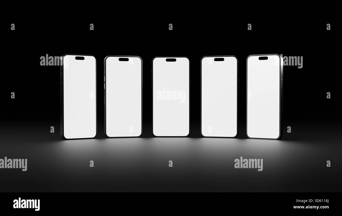 Five phone for mockup displayed in a curve forming on black background ...