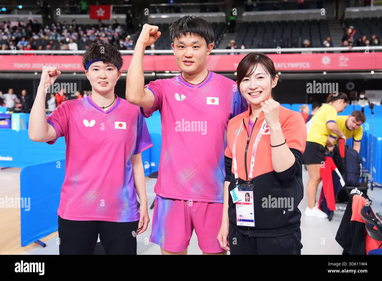 (L-R) Ami Kimura, Shintaro Nadamitsu, Moe Minakata coach (JPN ...