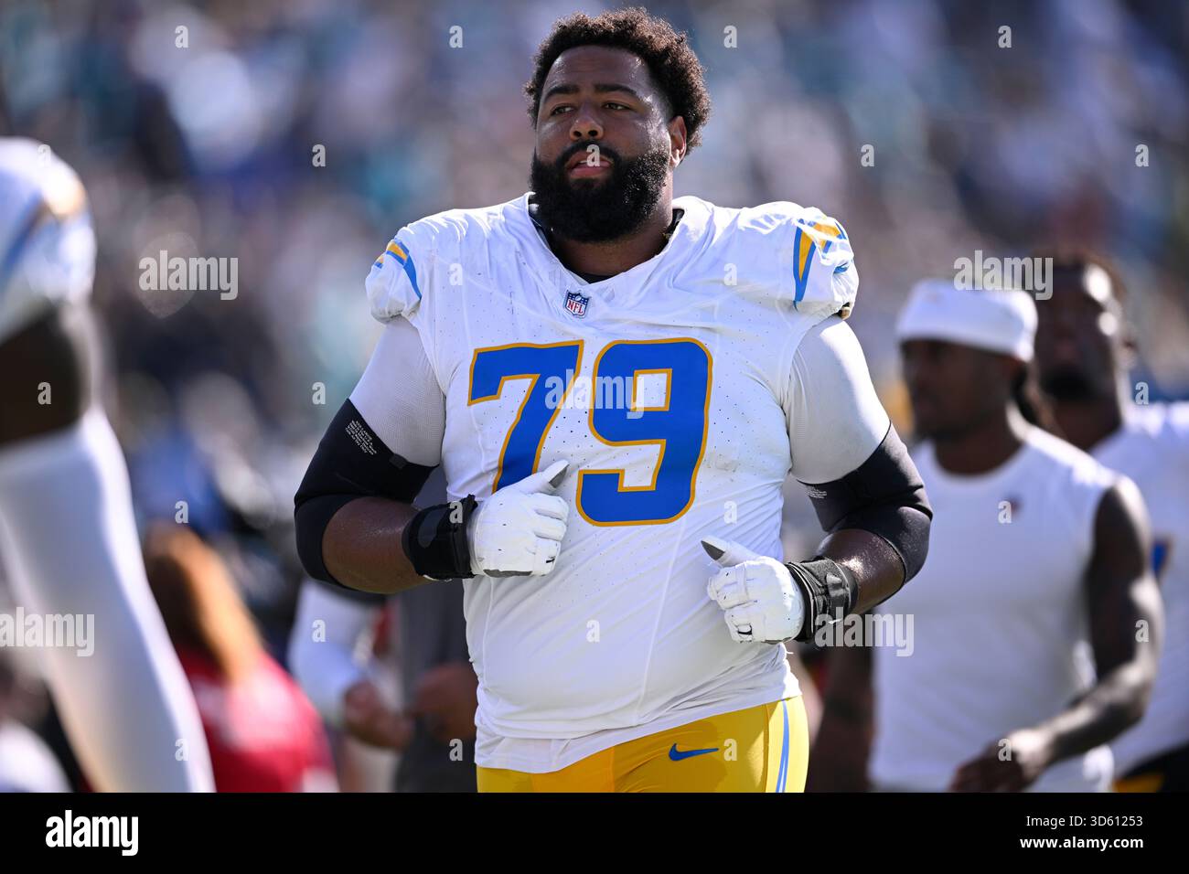 Los Angeles Chargers guard Trey Pipkins III (79) leaves the field after ...