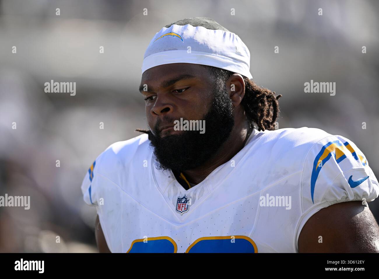 Los Angeles Chargers guard Jamaree Salyer leaves the field after the ...
