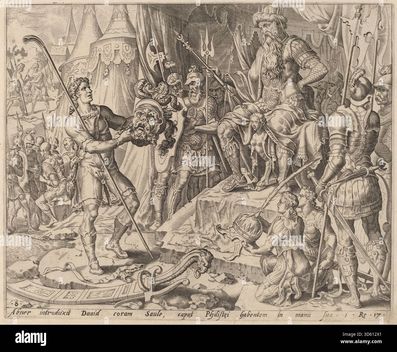 Artwork depicting David presenting Goliath's severed head to King Saul ...