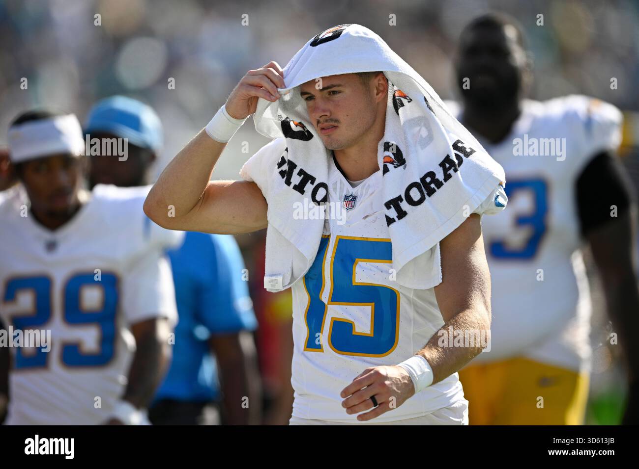 Los Angeles Chargers wide receiver Ladd McConkey (15) leaves the field ...
