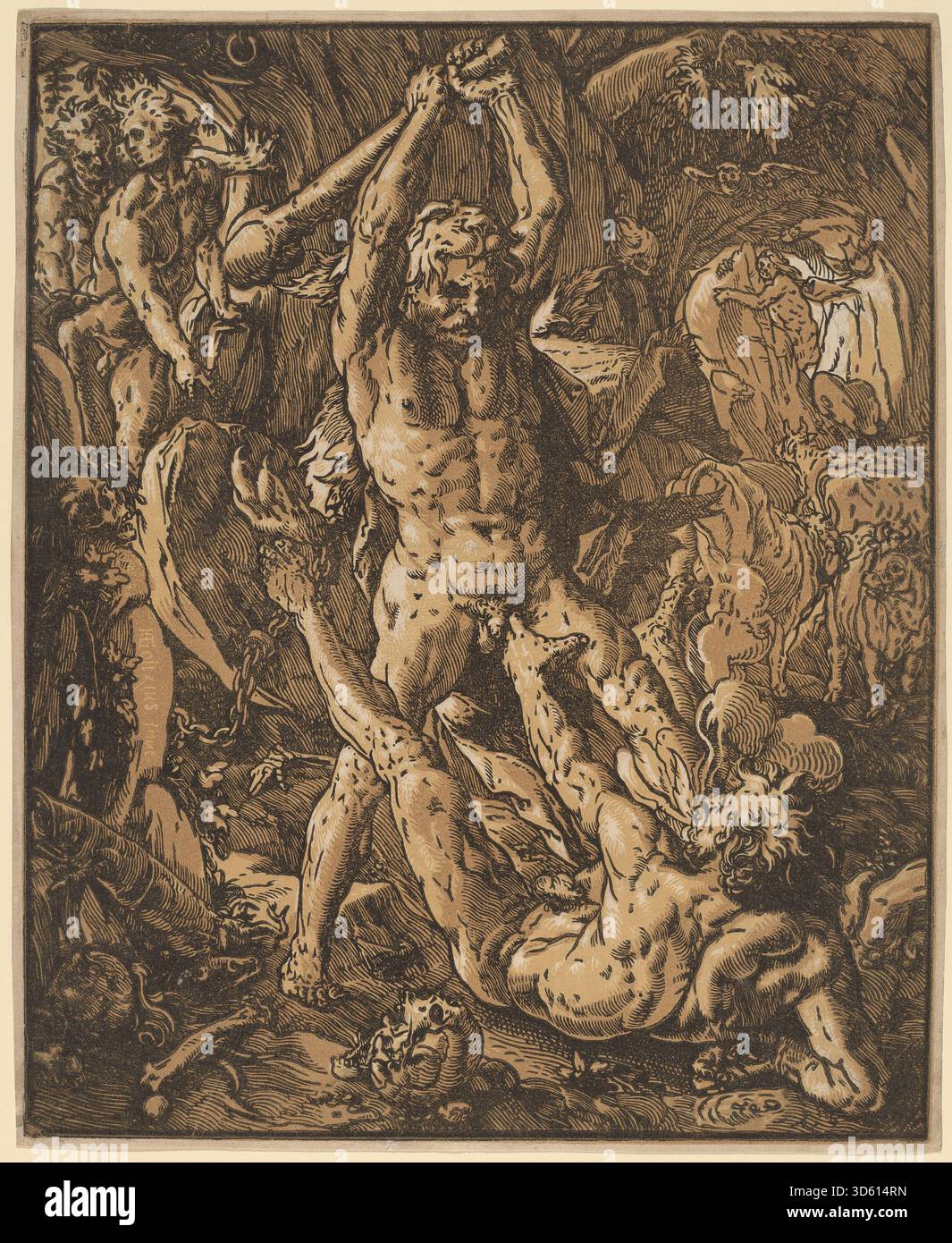 Print by Hendrik Goltzius from 1588 showing Hercules overpowering Cacus ...
