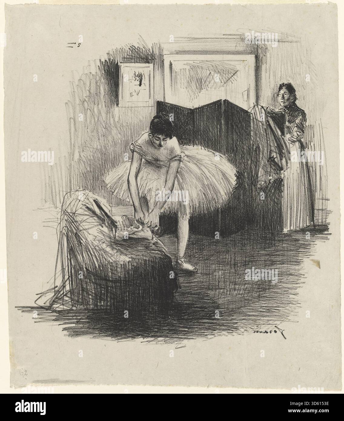 Etching by Jean Louis Forain depicting a dancer tying her slipper ...