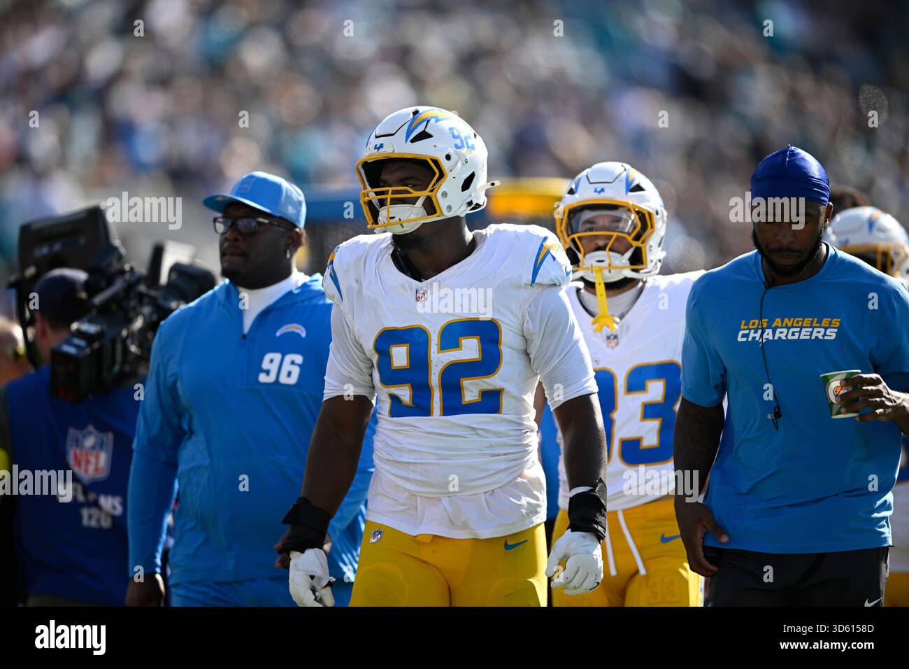 Los Angeles Chargers defensive tackle Justin Eboigbe (92) leaves the ...