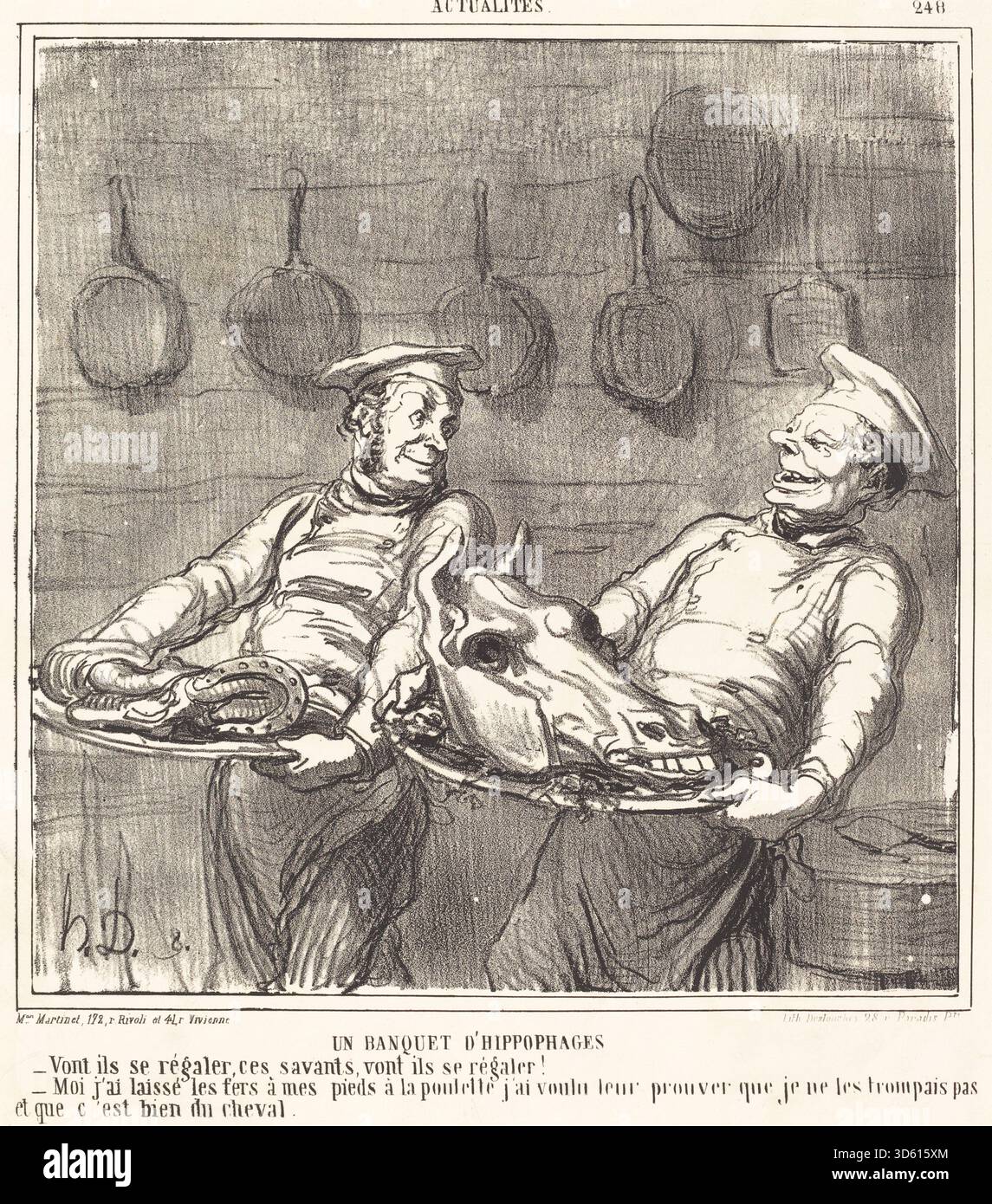 The 1865 lithograph depicts a banquet of horse meat consumers, showing ...