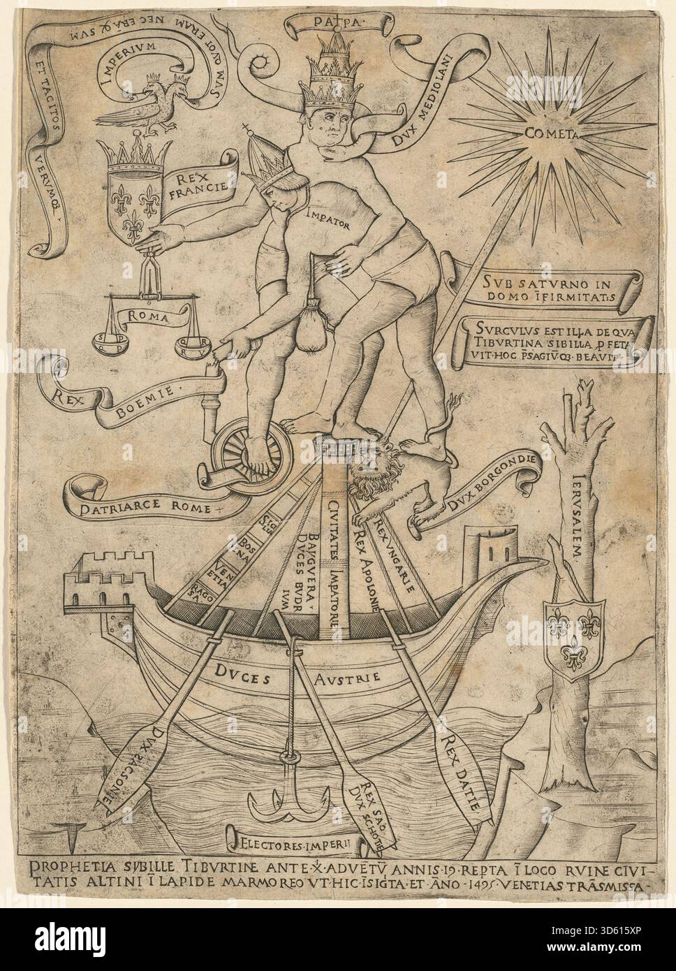 This Italian 15th-century print, circa 1495, depicts an allegorical ...